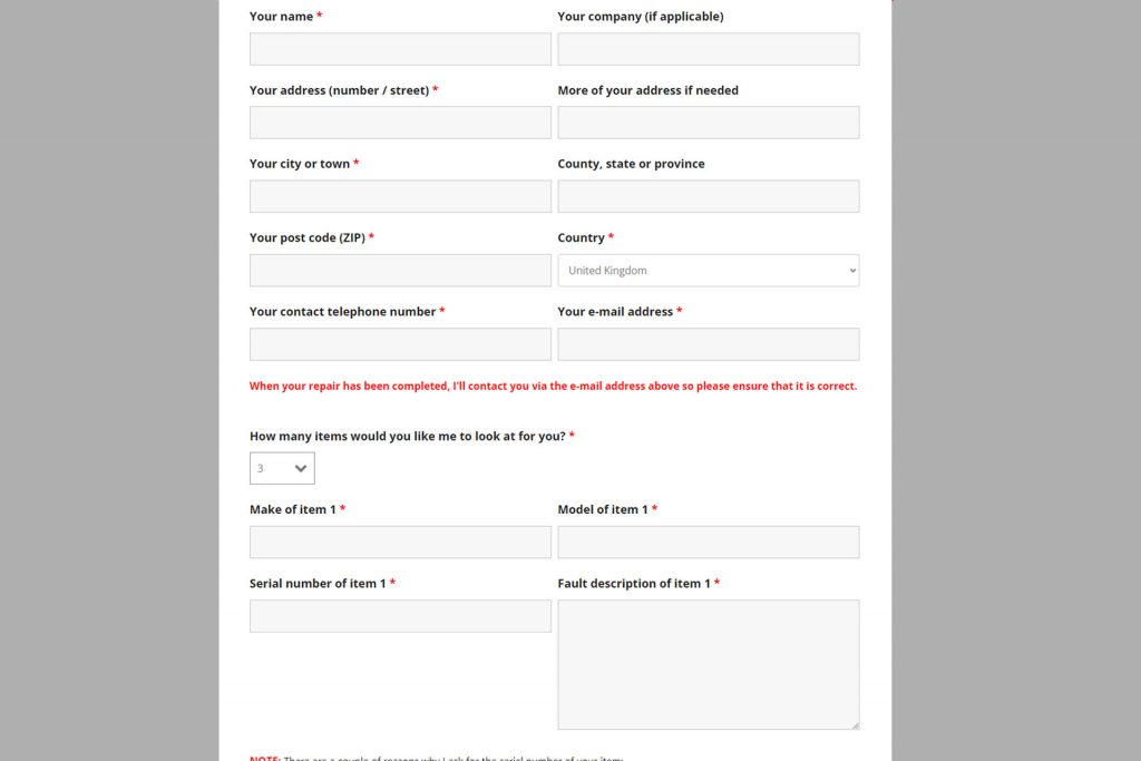 New Service and Repair Form - Plasma Music Limited